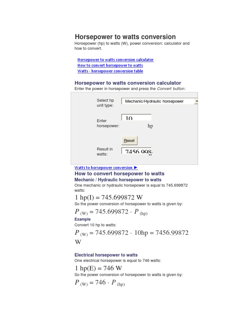 Conversion Hp a Watts | Horsepower | Watt | Free 30-day Trial | Scribd