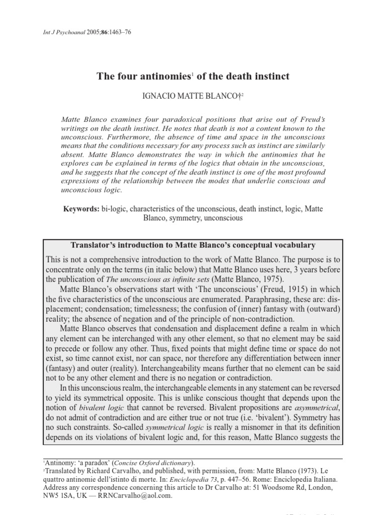 Matte Blanco - 4 Antinomias PDF | PDF | Unconscious Mind | Logic