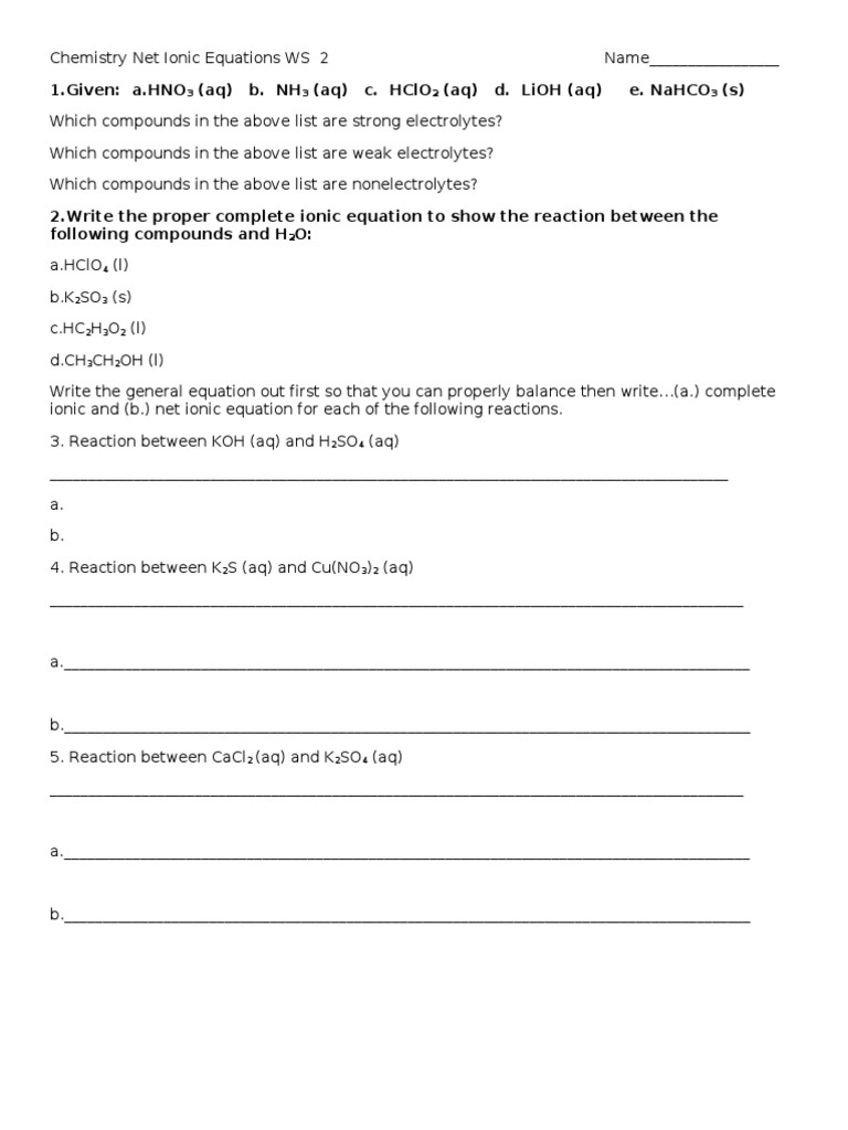 Chemistry Net Ionic Equations Worksheet | PDF