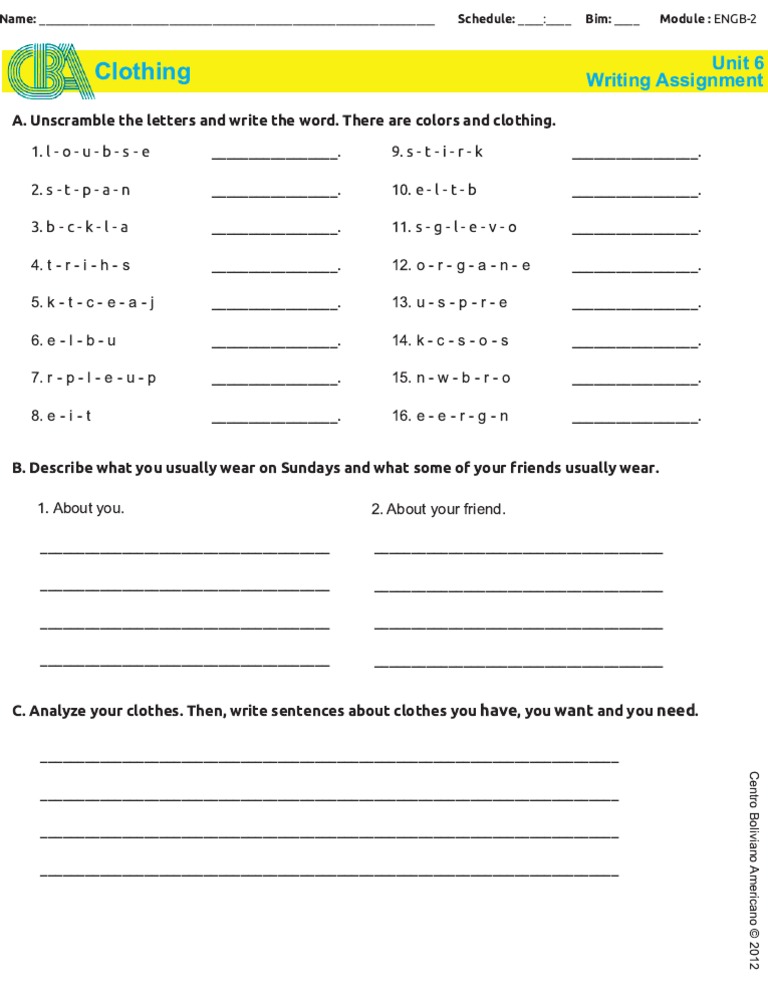 Clothing: Unit 6 Writing Assignment | PDF