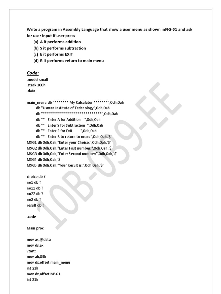 Assembly Language Calculator Program | PDF | Assembly Language ...