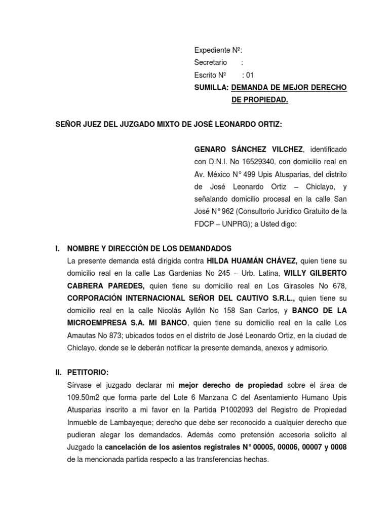 Demanda Mejor Derecho de Propiedad | Demanda judicial | Propiedad ...