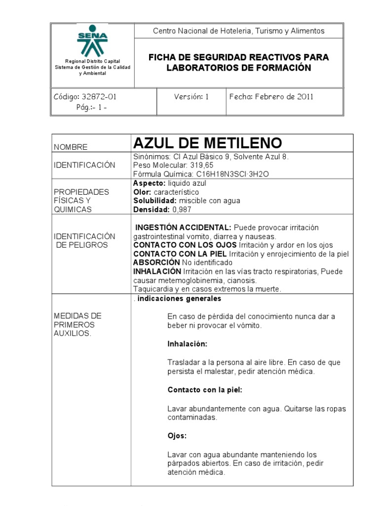 Ficha De Seguridad Del Azul De Metileno Descargar Gratis Pdf Agua