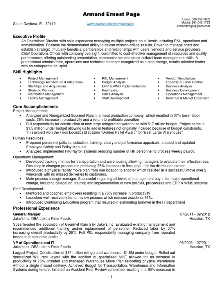 Director Operations Foodservice Distribution in Daytona Beach FL Resume ...