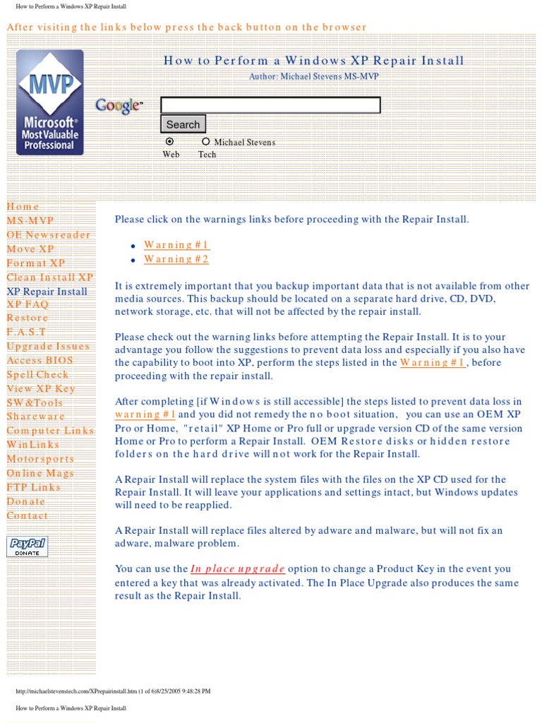 How To Perform A Windows XP Repair Install: Search | PDF