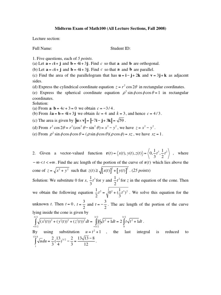 Math100 Midterm Exam Solutions Fall 2008 | PDF | Trigonometric ...