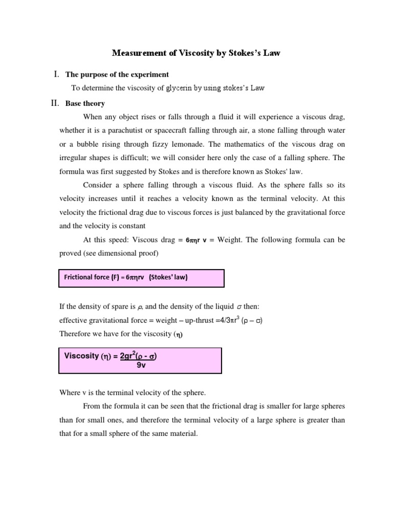Viscosity Measurement via Stokes' Law | PDF | Drag (Physics) | Viscosity