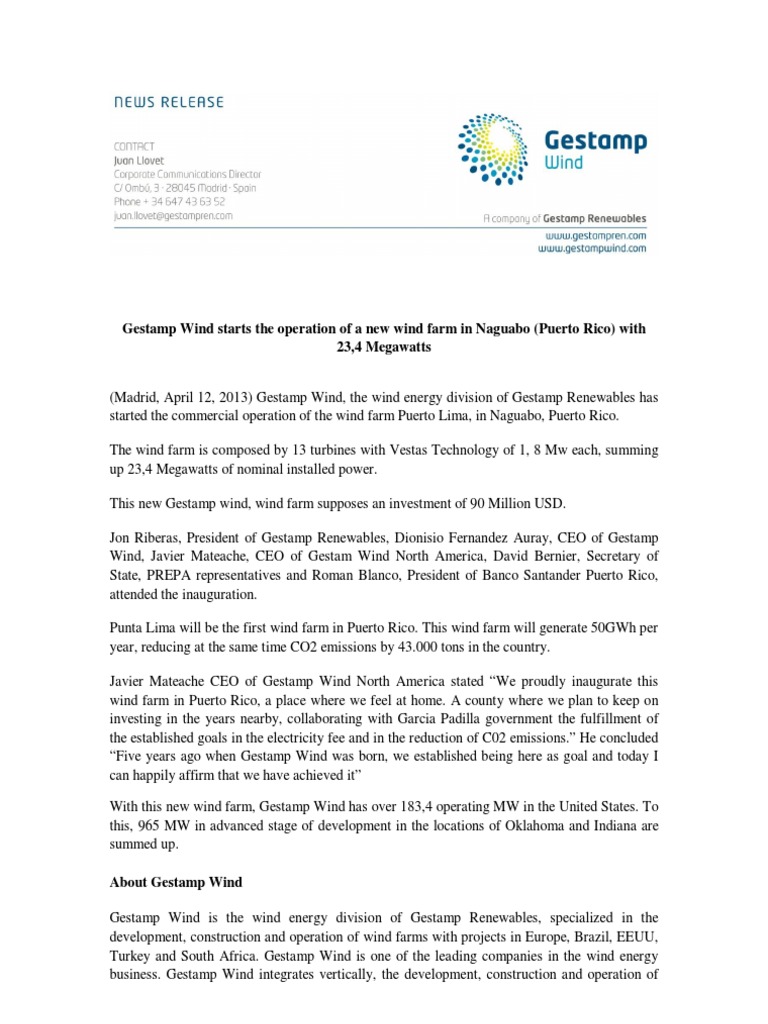 Gestamp Launches Punta Lima Wind Farm | PDF | Renewable Energy | Wind Farm