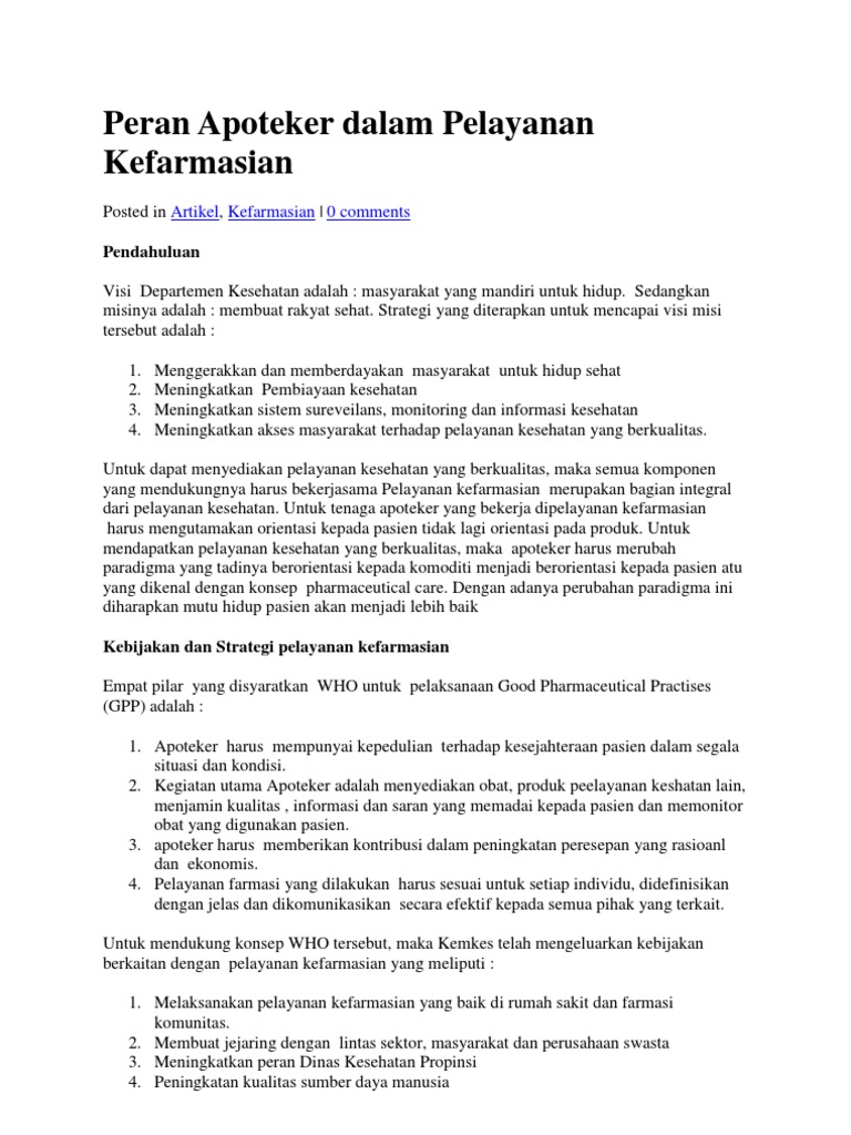 Peran Apoteker Dalam Pelayanan Kefarmasian | PDF | Kesehatan Holistik | Sains & Matematika