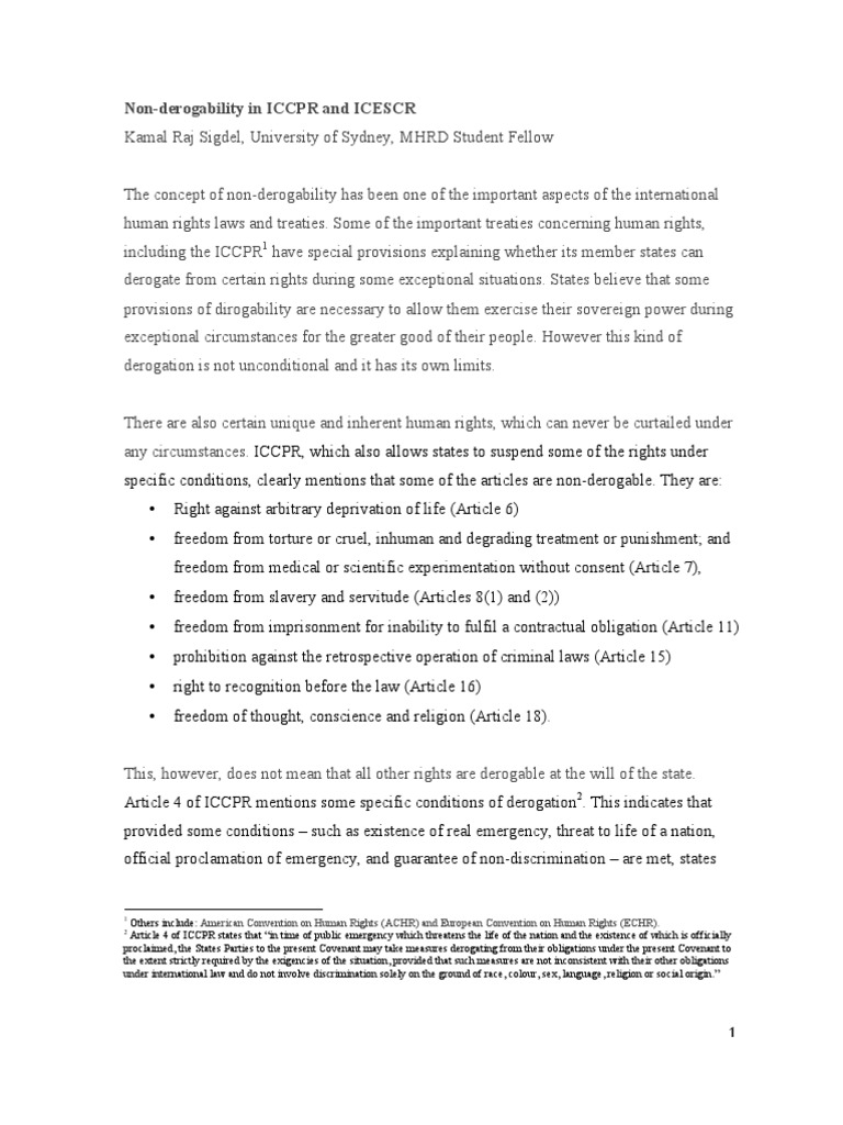 Non-Derogable Rights in ICCPR | PDF | European Convention On Human ...