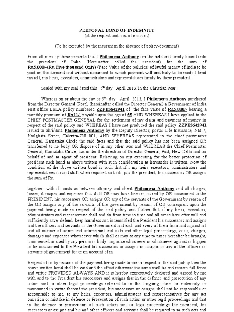 Personal Bond of Indemnity for Lost Post Office Life Insurance Policy ...