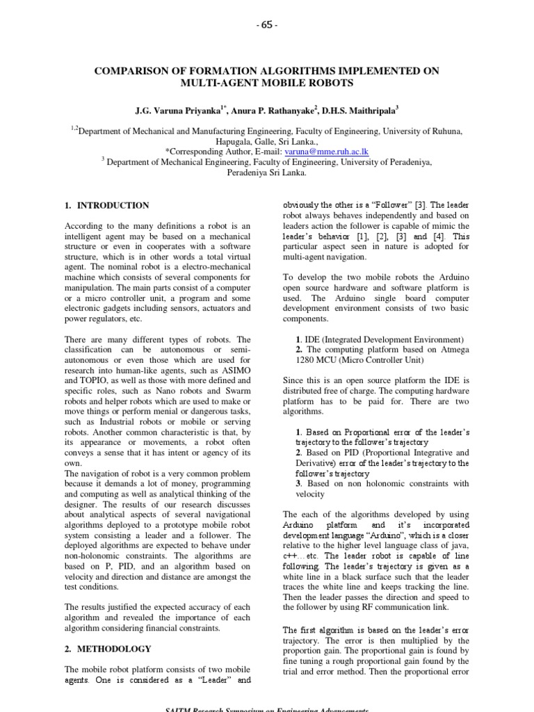 Comparison of Formation Algorithms Implemented On Multi-Agent Mobile Robots | PDF | Robot | Robotics
