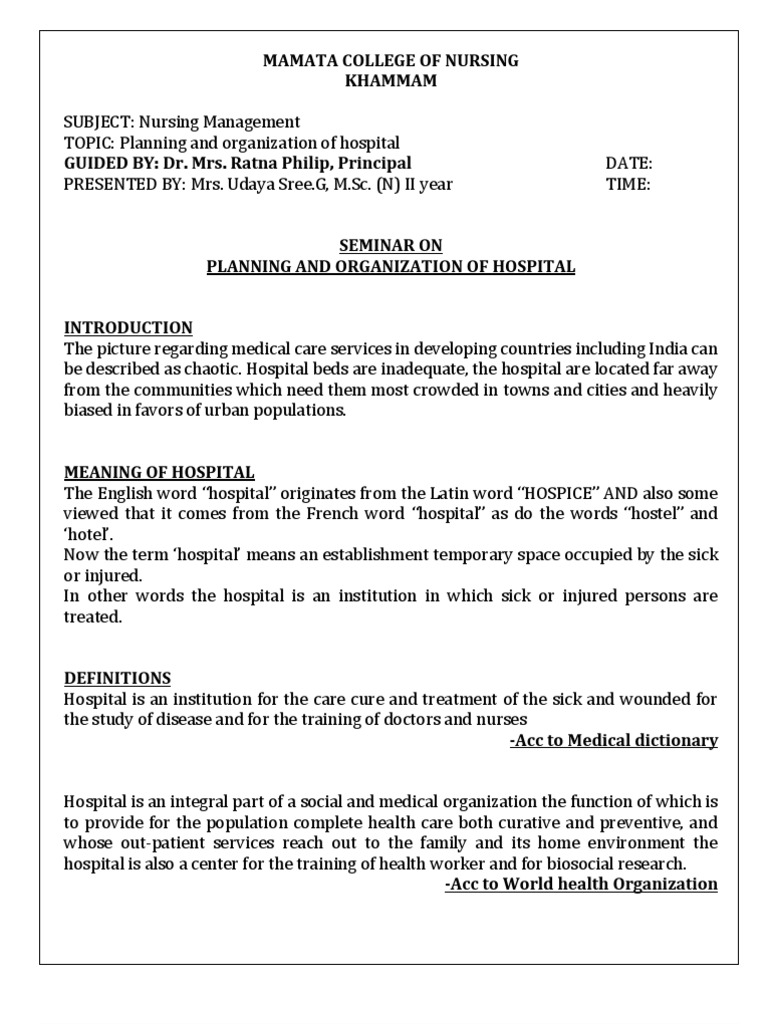 Hospital Planning and Organization Overview | PDF | Hospital | Nursing