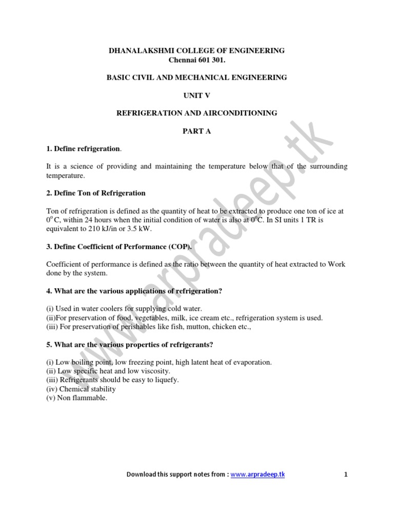 Basic Civil and Mechanical Engineering Unit V Refrigeration and ...