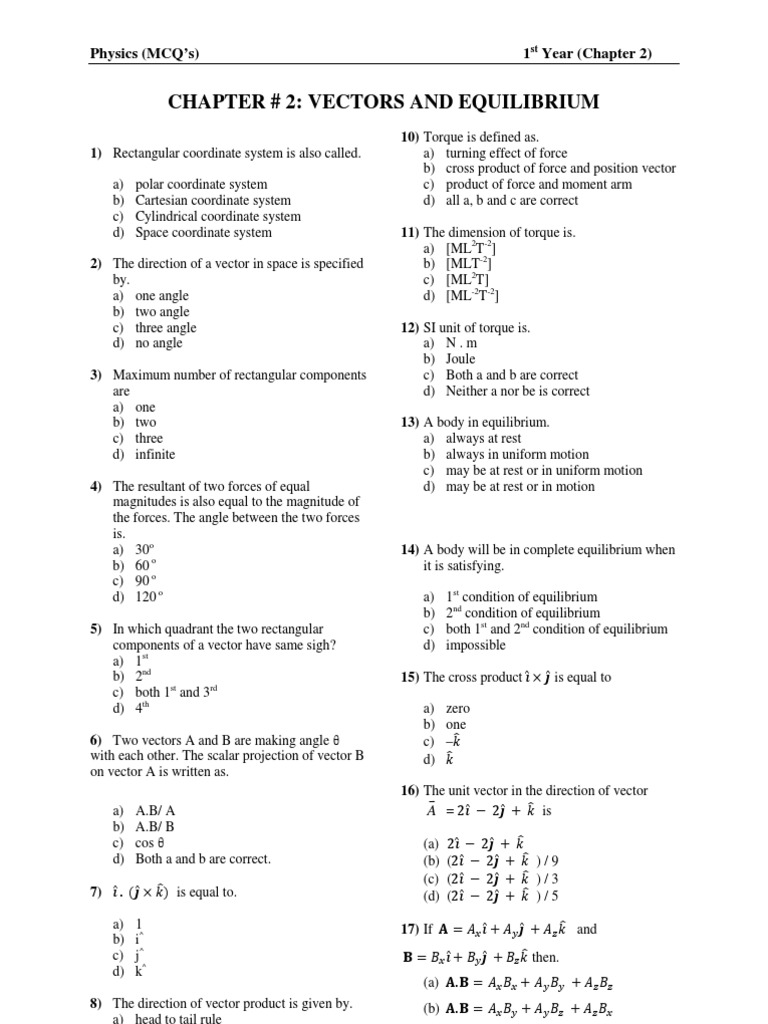 Chapter2 Mcqs | PDF | Euclidean Vector | Torque