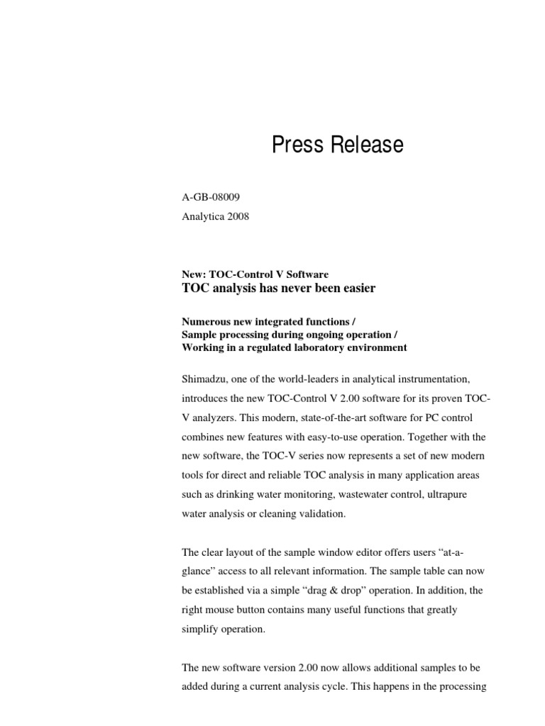 New TOC-Control V Software Launch | PDF | Total Organic Carbon | Software