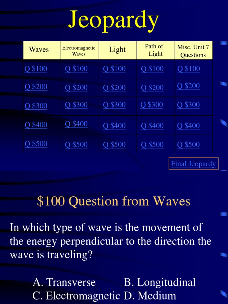 Jeopardy - Review - Waves (Unit7, Lessons1-4) | PDF | Waves ...