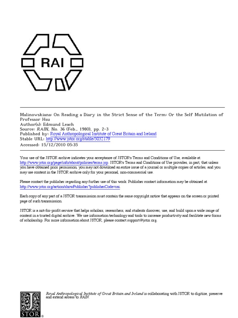 Leach Hsu Malinowski Diary | PDF | Anthropology | Social Science