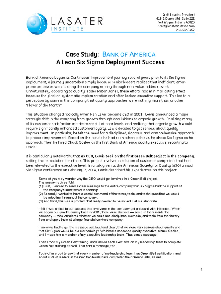 Case Study: A Lean Six Sigma Deployment Success: Bank of America | PDF ...