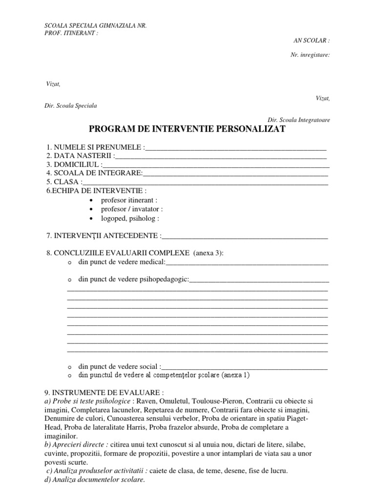 Model Pip Proiect de Interventie Personalizat | PDF