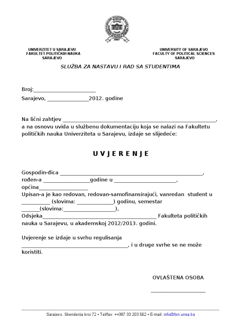 Obrazac Uvjerenja | PDF