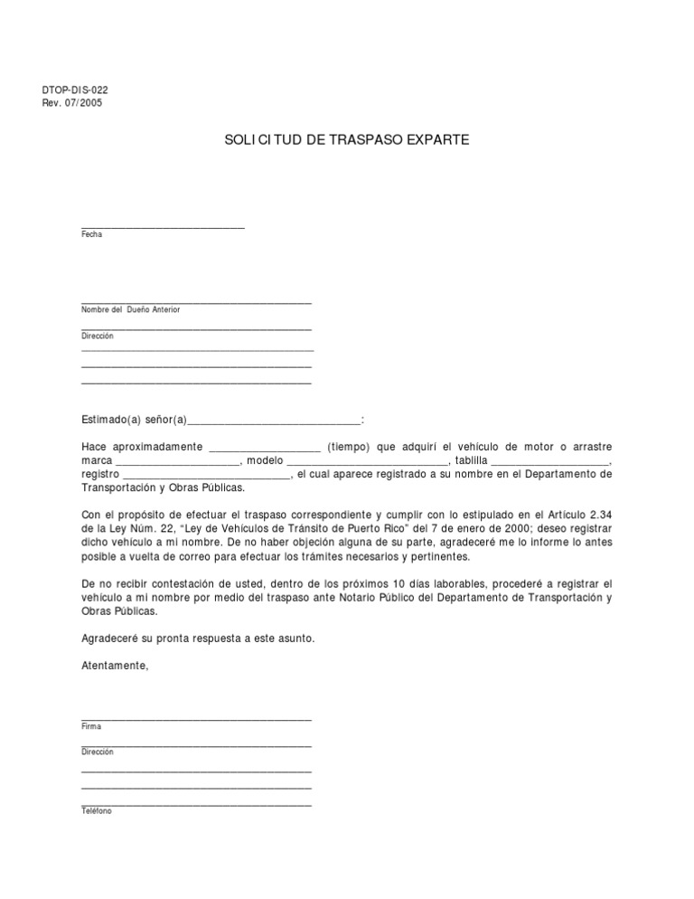 DTOP-DIS-022 Traspaso Ex Parte | PDF