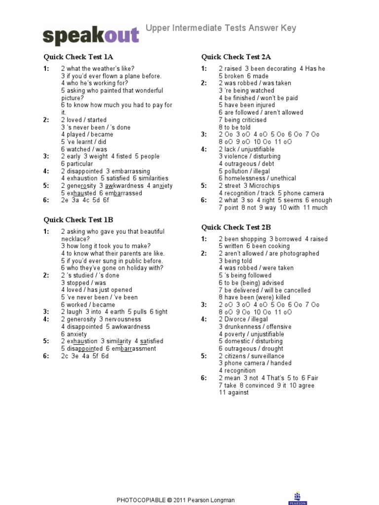 Speakout Intermediate Quick Check Test