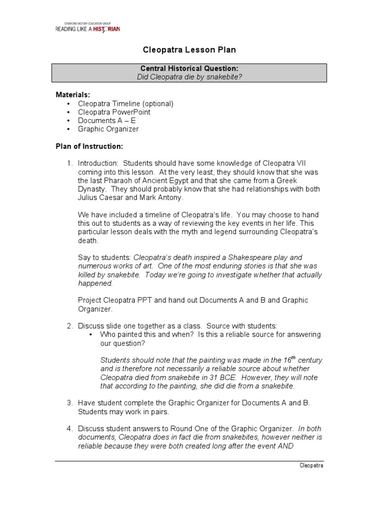 Cleopatra Lesson Plan: Central Historical Question | PDF | Cleopatra ...