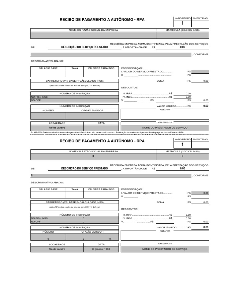 Recibo de pagamento a autônomo (RPA) para prestação de serviços | PDF