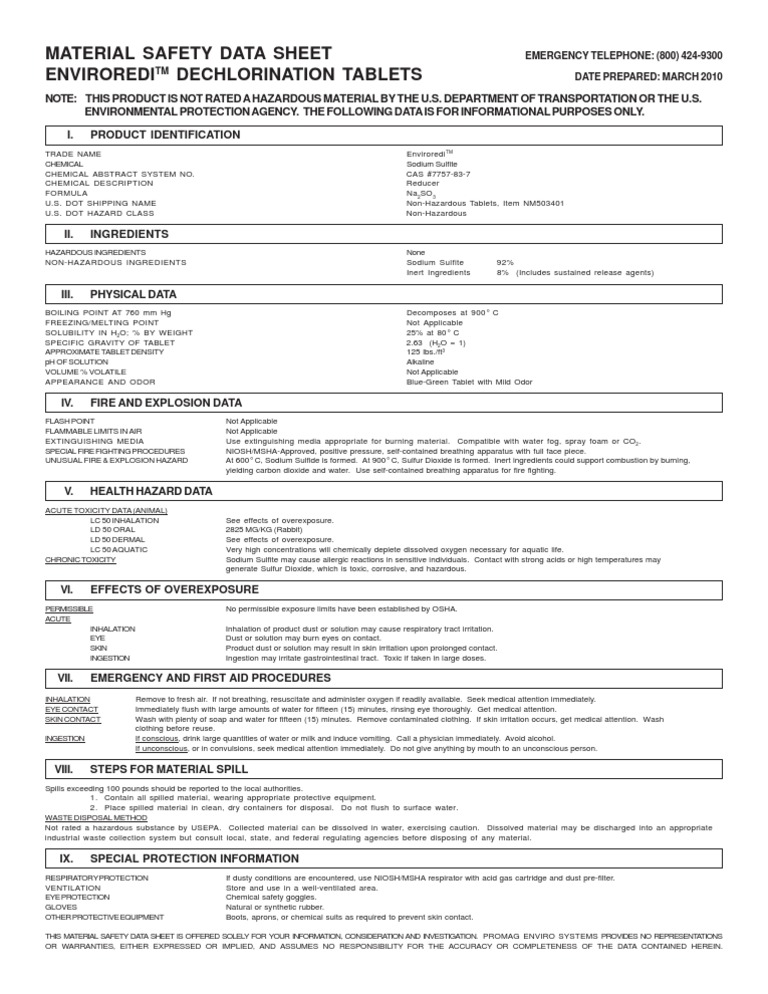 Dechlorination Tablets ENVIRORedi MSDS | Toxicity | Sodium