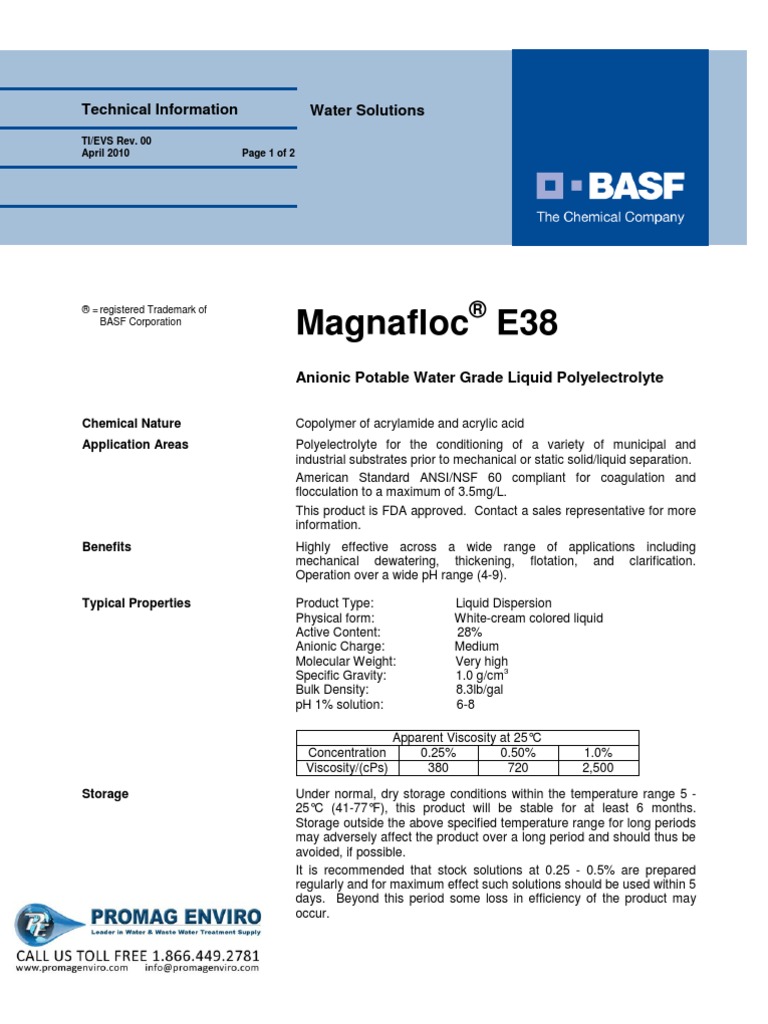 Chemicals Zetag DATA Inverse Emulsions Magnafloc E 38 - 0410 | PDF ...