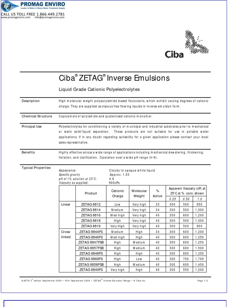Chemicals Zetag DATA Inverse Emulsions - 1009 | PDF | Chemistry | Materials