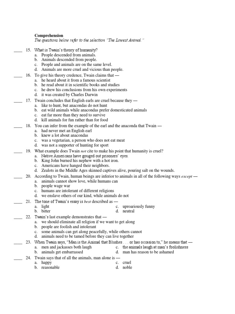 The Questions Below Refer To The Selection "The Lowest Animal." | PDF ...