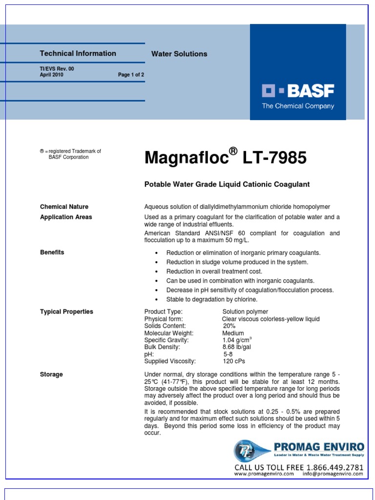 Chemicals Zetag DATA Organic Coagulants Magnafloc LT 7985 - 0410 ...
