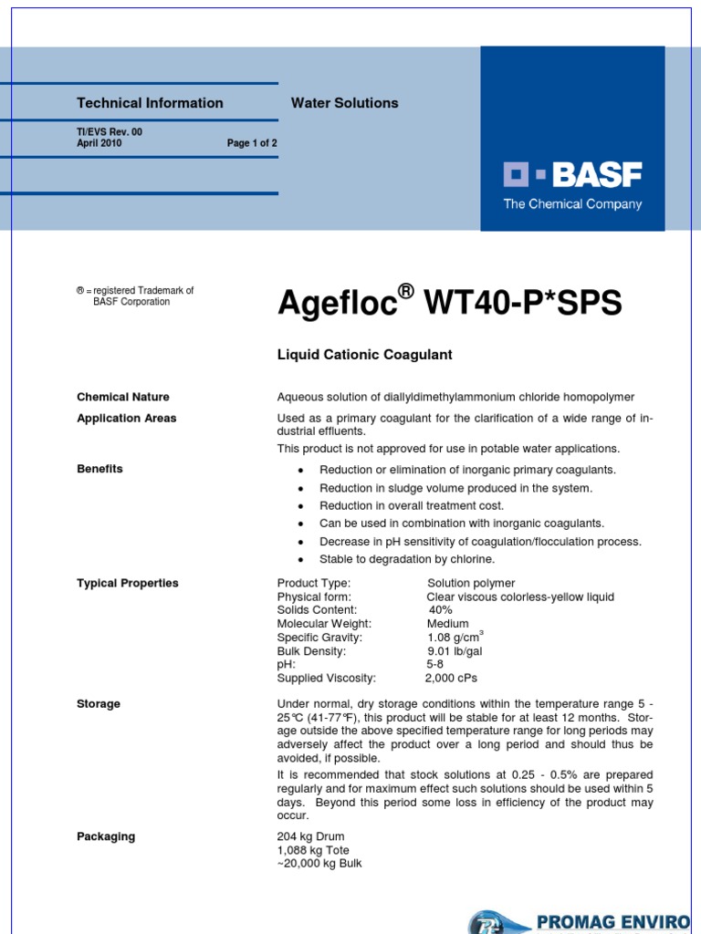 Chemicals Zetag DATA Organic Coagulants Agefloc WT 40-P SPS - 0410 ...