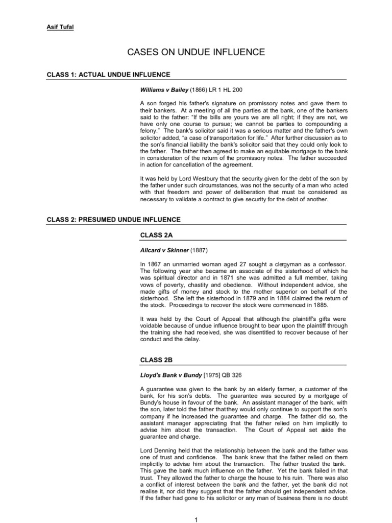 Analysis of Key Cases on Actual and Presumed Undue Influence in ...