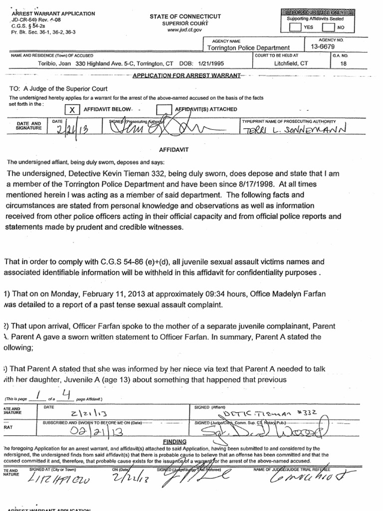 Arrest Warrants From Torrington Rape Case | PDF | Arrest Warrant | Sexual Intercourse