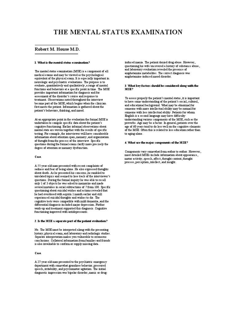 Mental Status Exam Key Components | PDF | Psychiatry | Abnormal Psychology