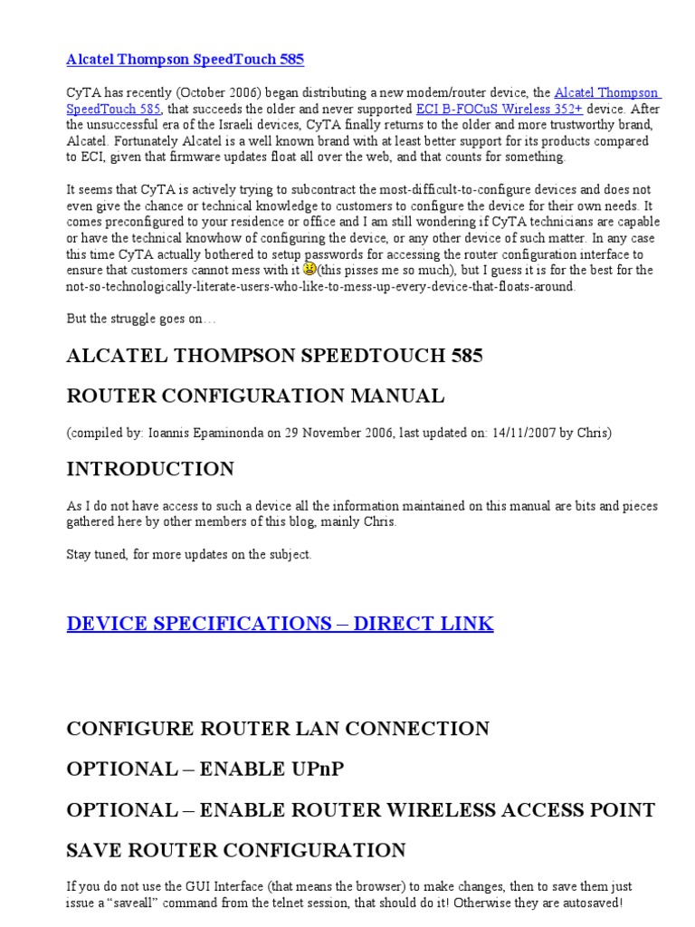 Alcatel Thompson Speedtouch 585 Router Configuration Manual: Device ...