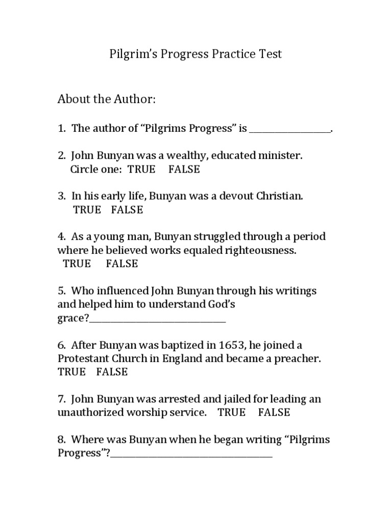 Pilgrim's Progress Practice Test | PDF | The Pilgrim's Progress | John ...