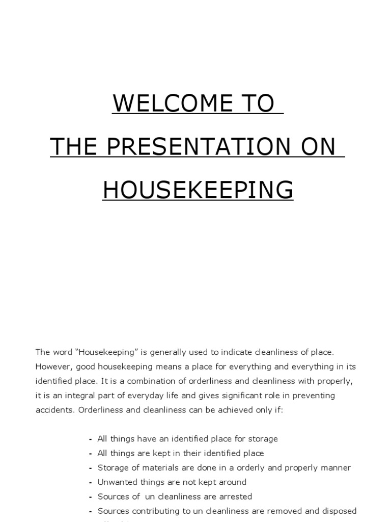Welcome To The Presentation On Housekeeping | PDF | Housekeeping ...