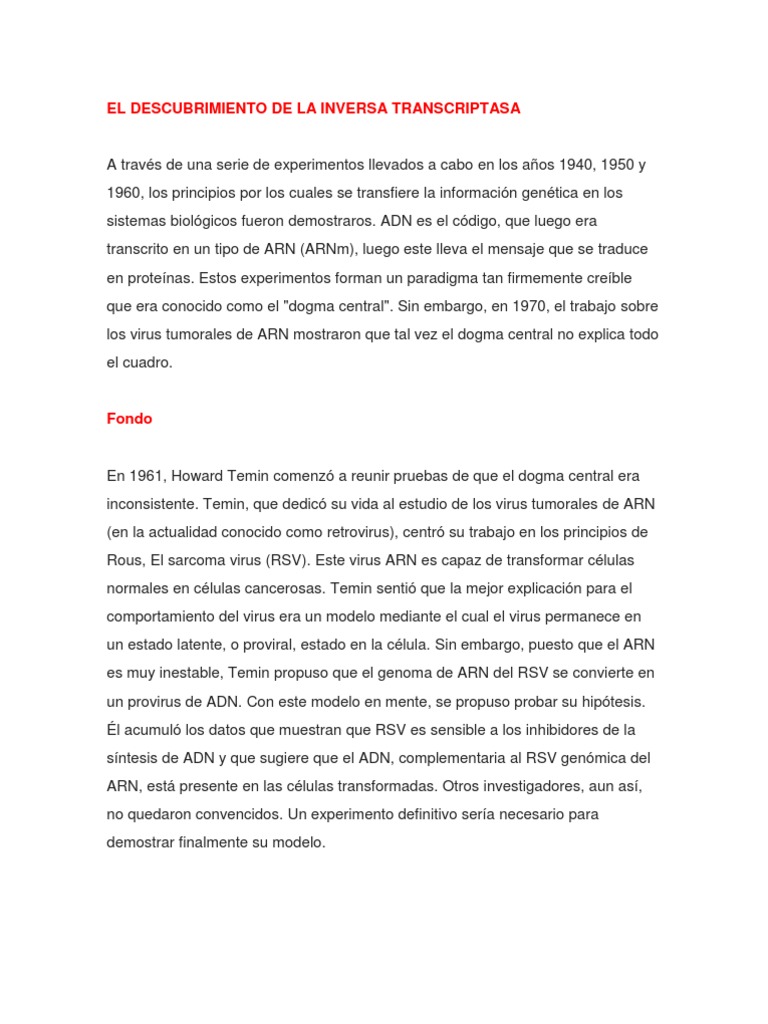 Descubrimiento de la Transcriptasa Inversa | PDF | La transcriptasa ...