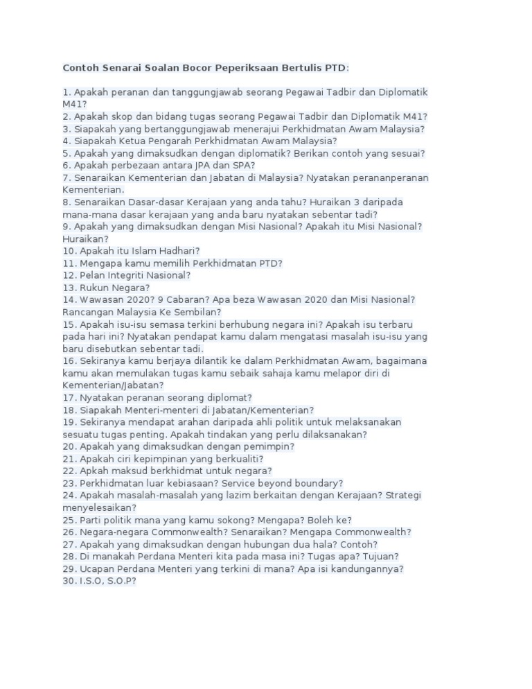 Contoh Senarai Soalan Bocor Peperiksaan Bertulis PTD | PDF