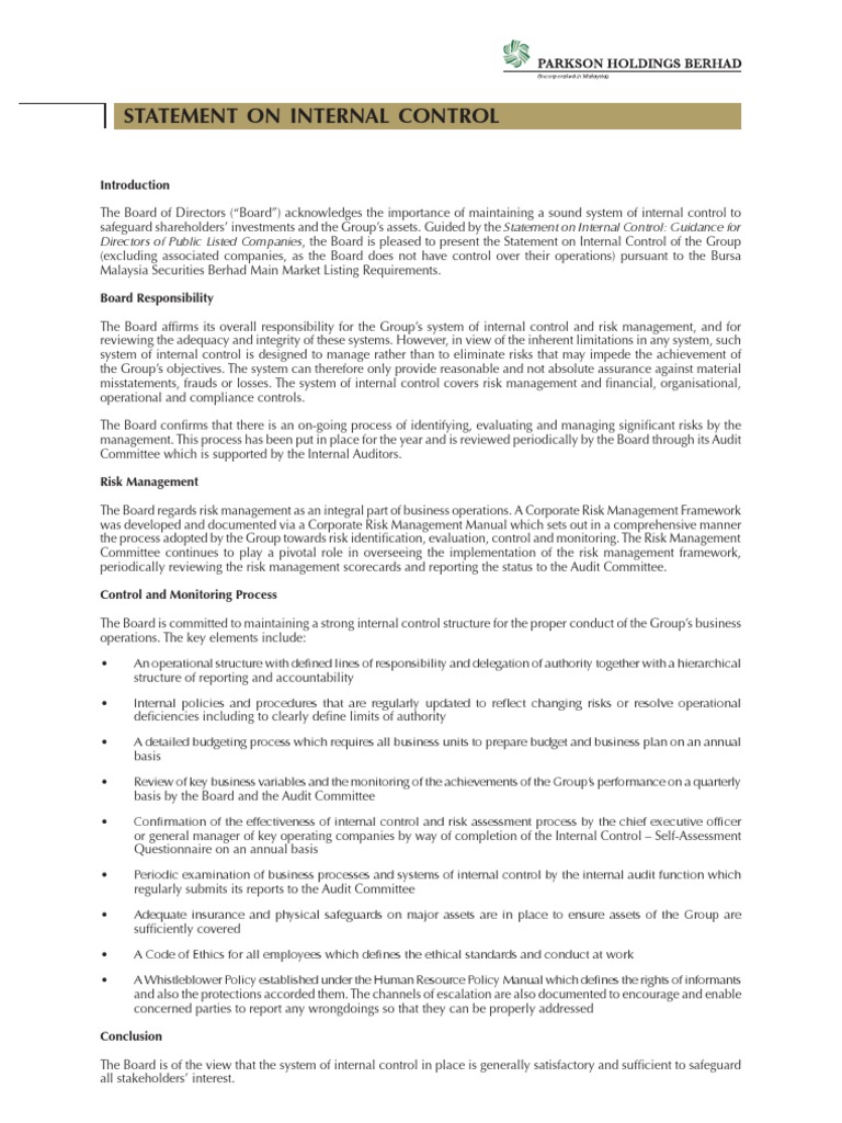 5. Statement on Internal Control | Internal Audit | Audit