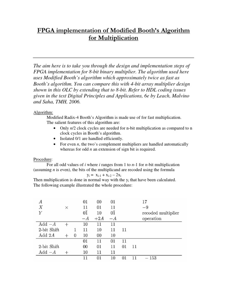 Implementation of an 8-Bit Binary Multiplier Using Modified Booth's Algorithm on an FPGA | PDF ...