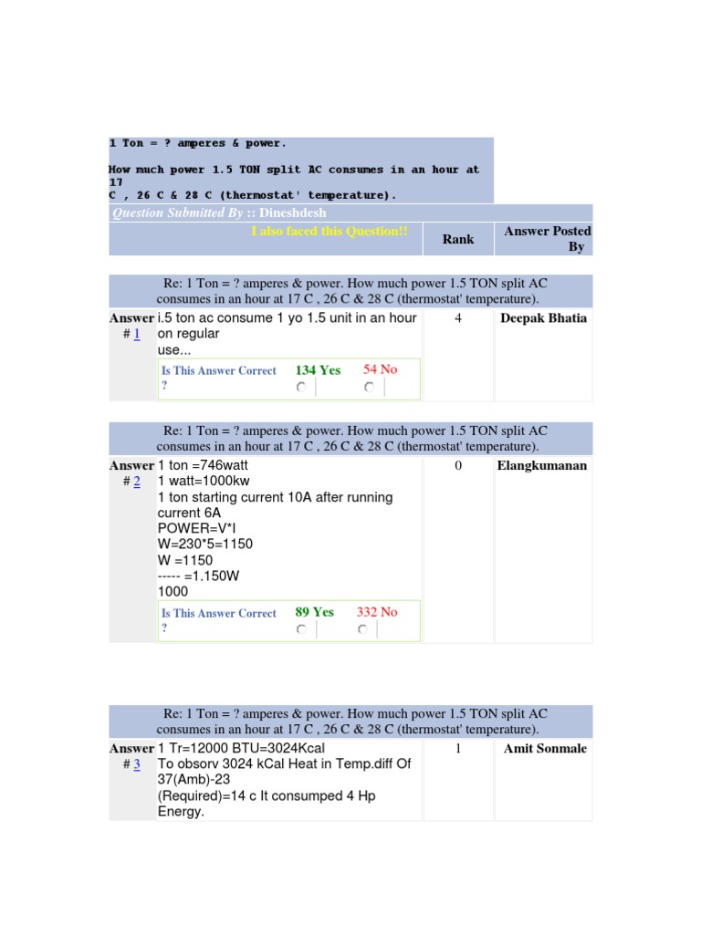 Ac Tonnage Current Calculation | Air Conditioning | Watt