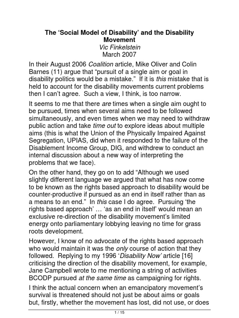 Finkelstein The Social Model of Disability and The Disability Movement ...