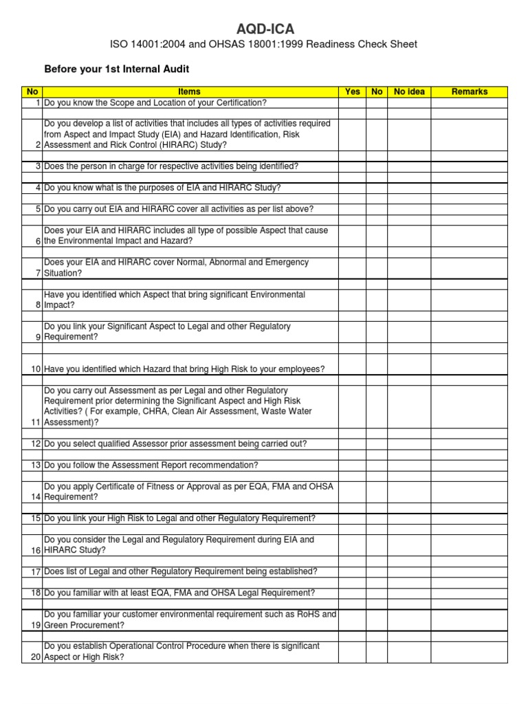 ISO 14001 & OHSAS 18001 Audit Checklist | PDF | Environmental Impact ...
