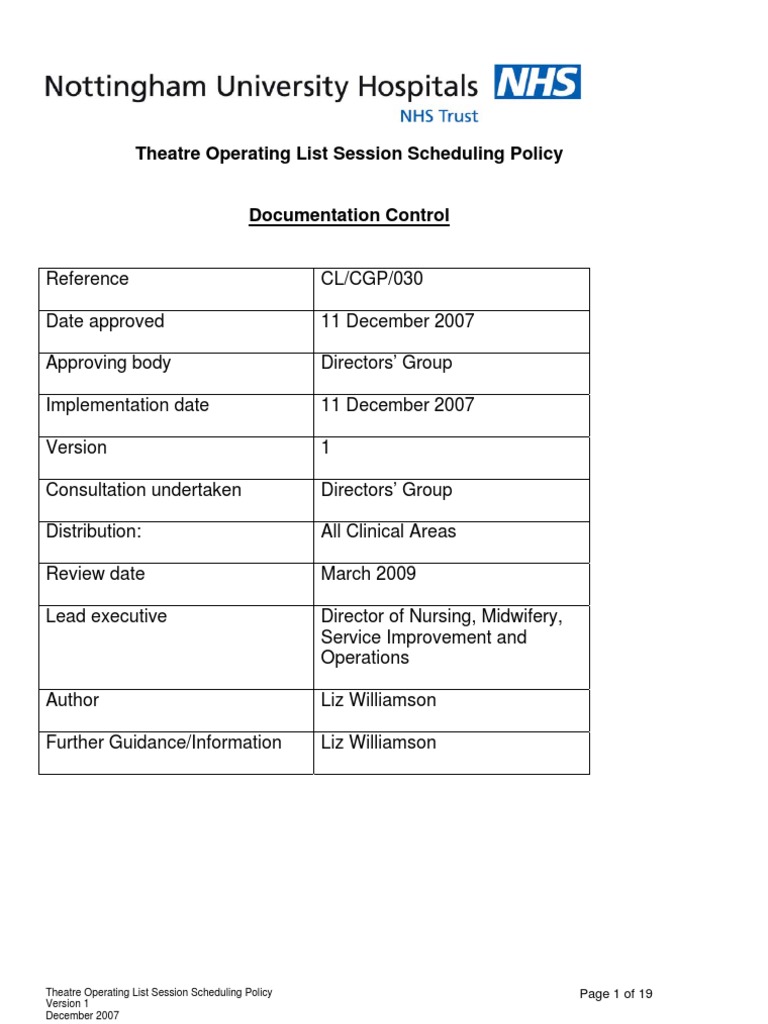 CLCGP030 Theatre Operating List Session Scheduling Policy | Surgery ...