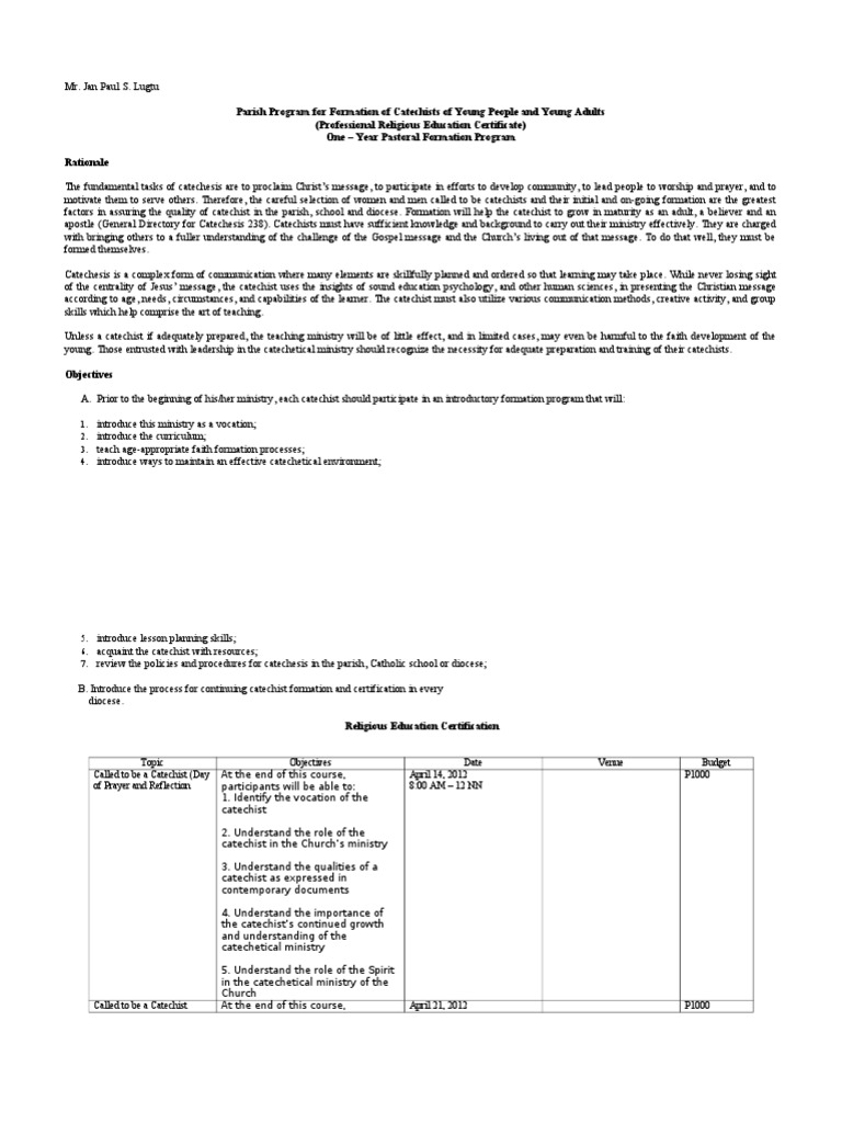 One - Year Parish Program For Formation of Catechists of Young People ...